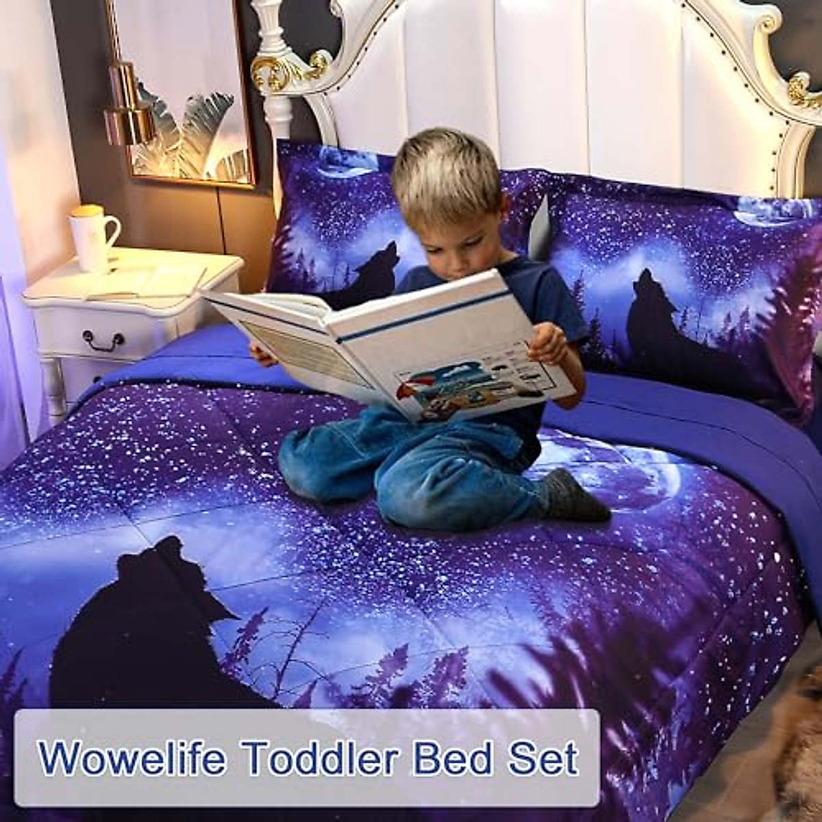 Wowelife Wolf Comforter Set Bedding Set Twin Blue 5 Pieces Forest Bedding Set Wolf Bed Set Twin Kids Bed in a Bag for Boys and Girls with Sheet Sets, Super Breathable Soft