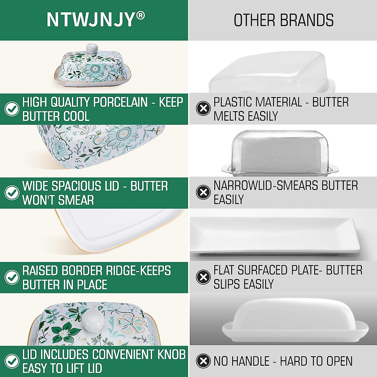 Butter Dish With Lid For Countertop-Ceramic Butter Dish with Knob Handle-Large Storage Keeper Holder for Kitchen, Gifts for Her-Grilled flower craft butter Holder-Wide Butter tray for dishwasher use