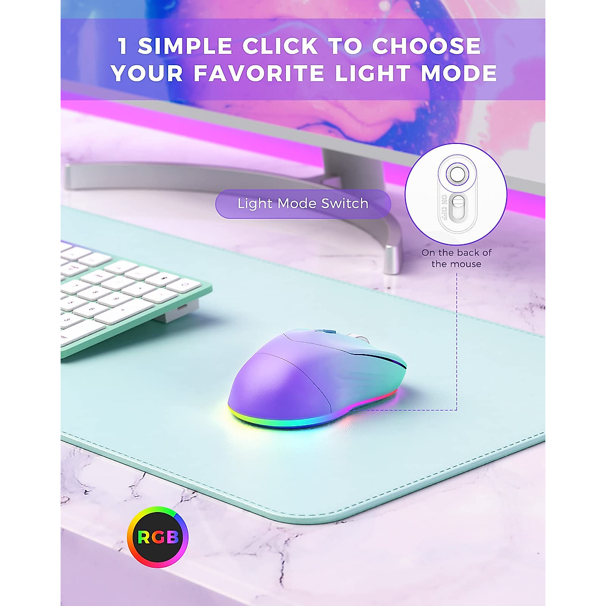 Wireless Mouse, Jiggler Mouse for Laptop - LED Mouse Rechargeable Computer Mice Mouse Mover Undetectable Random Movement with On/Off Button Keeps Computer Awake - Gradient Purple