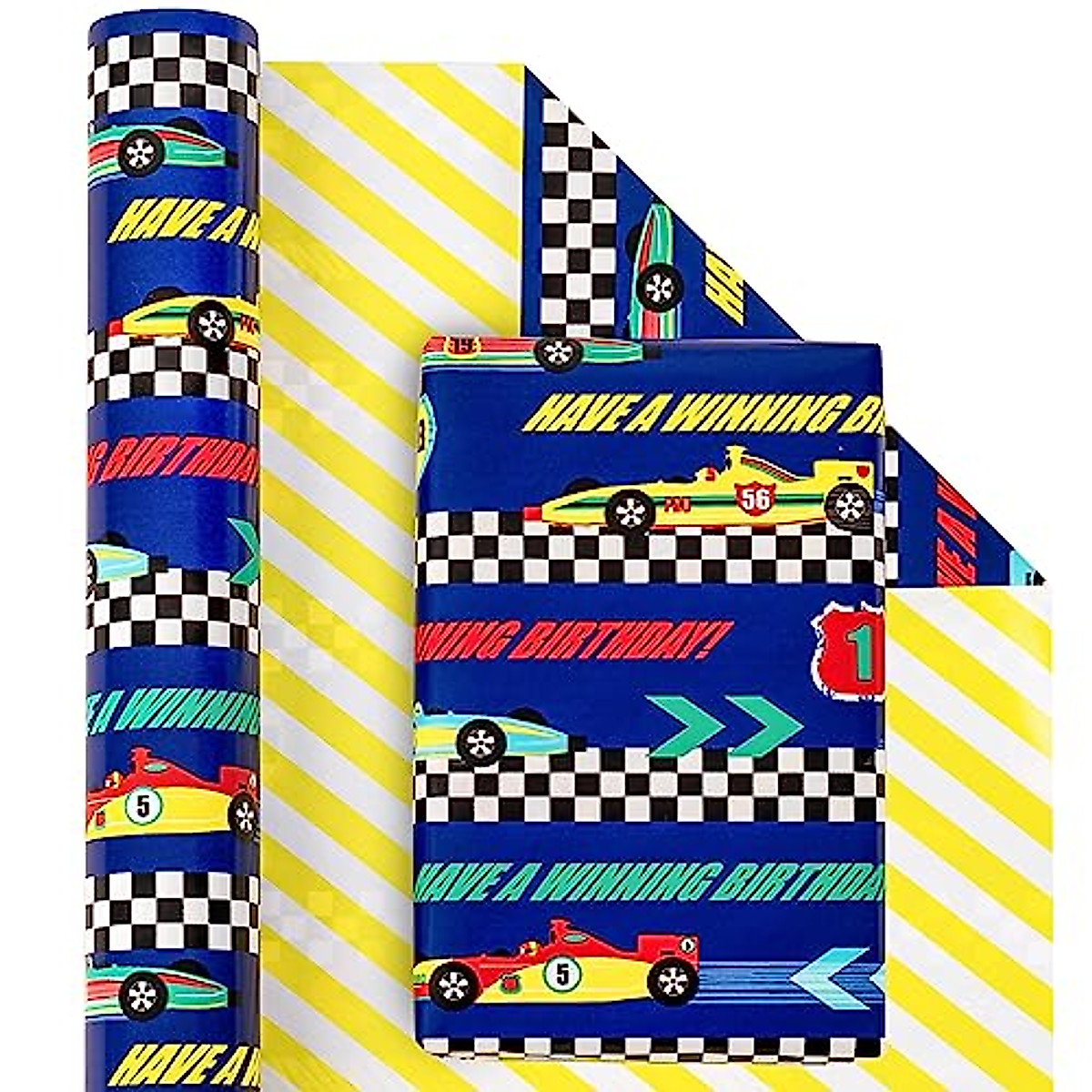 WRAPAHOLIC Reversible Wrapping Paper - Mini Roll - 17 Inch X 33 Feet - Racing Cars and Yellow Stripes Design Design for Birthday, Holiday, Baby Shower