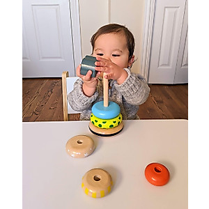 Orcamor Organic Wooden Stacking Rings Toy with Elephant Topper - Montessori Wooden Rainbow Stacking Toys for Toddlers 1-3 Years Old and Up - All Natural Shape Sorter - 8 Inches Tall