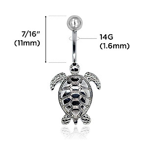 Pierce2GO Sea Turtle Belly Button Ring - 14G Surgical Steel turtle Belly Button Ring - Belly Button Rings Piercing for Women – 7/16”