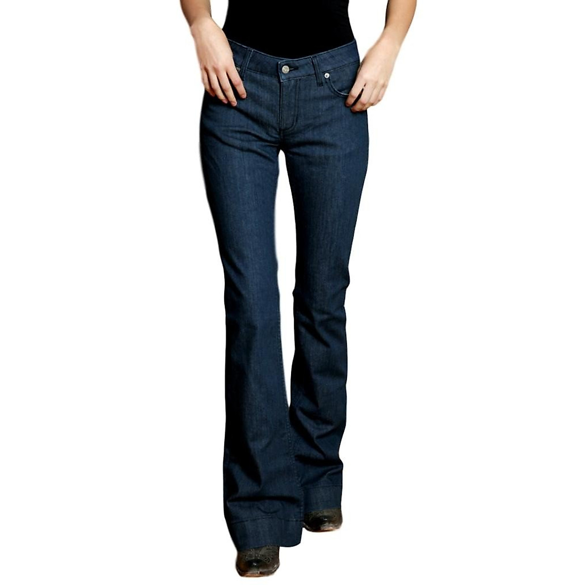 Kimes Ranch Women's Lola Casual Western Mid-Rise Waist Trouser Fit Wide Flare Leg Tri-Blend Denim Blue Jeans, 0-34