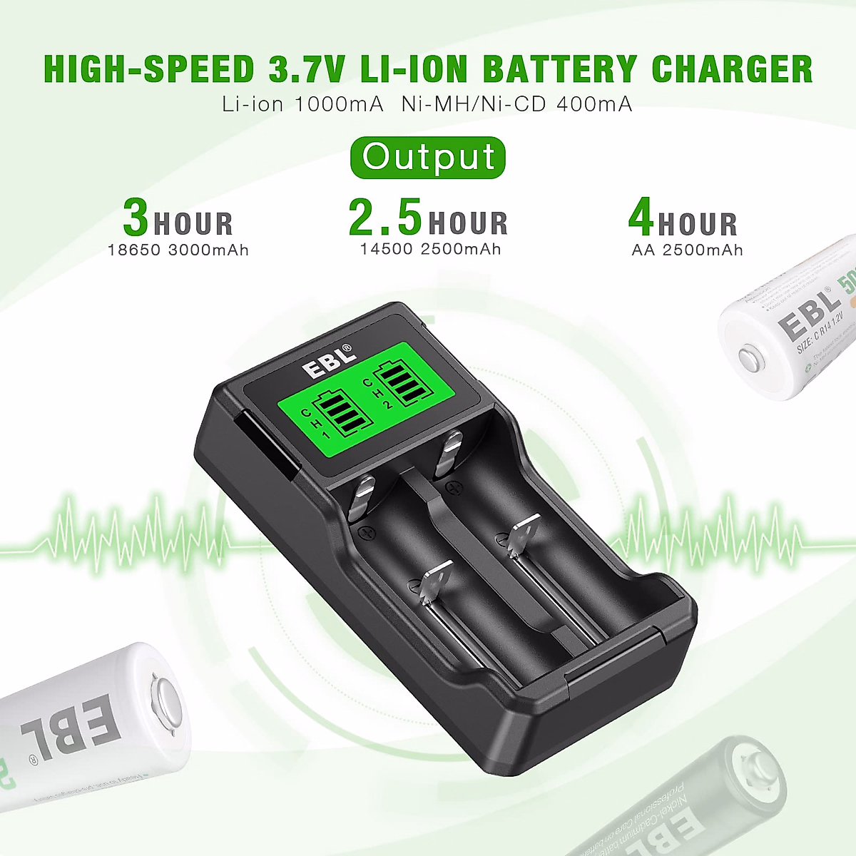 EBL Universal 18650 Battery Charger for 3.7V Lithium ion Rechargeable Batteries 26650 22650 18650 18490 18350 17670 17500 16340 (RCR123) 14500 and 1.2V Ni-MH Ni-CD Rechargeable C AA AAA Batteries