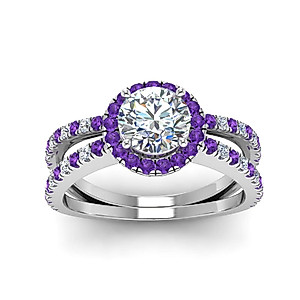 55Carat Reverse Split Shank Halo Diamond Ring Sterling Silver Natural Amethyst Round Shape Purple Color Halo Engagement Rings Prong Setting in Size 11 Handcraft Chakra Healing