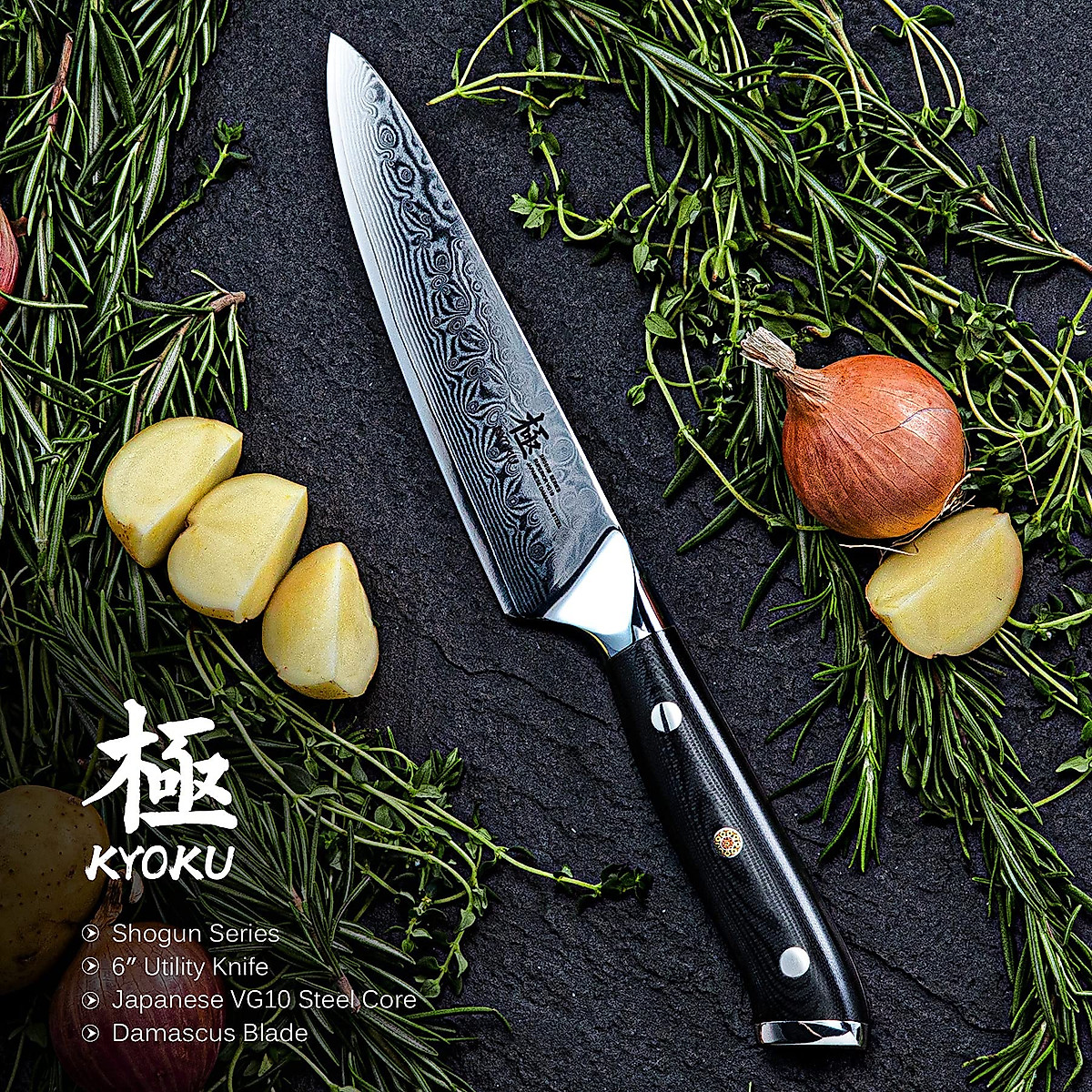 KYOKU 6" Utility Knife +7'' Cleaver + 8'' Serrated Bread Knife + 8.5'' Kiritsuke Knife - Shogun Series - Japanese VG10 Steel Core Forged Damascus Blade