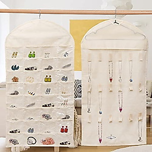 Foraineam 4 Pcs Hanging Jewelry Organizer, 32 Pockets 18 Hook and Loops Double Sided Jewelry Display Storage Bag, Travel Jewelry Organizer Holder for Necklace Bracelet Earring Ring Chain Knitting Tool