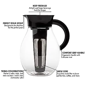 Primula The Big Iced Tea Maker and Infuser, Plastic Beverage Pitcher with Leak Proof, Airtight Lid, Fine Mesh Reusable Filter, Made without BPA, Dishwasher Safe, Black