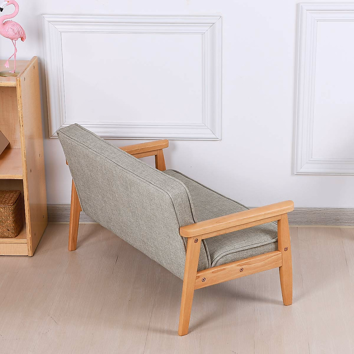 Yoonnie room Double Seater Kid Sofa Chair, Kid Couch with Solid Wood Arm and Linen Pattern PVC for Kids Rest (Light Grey)