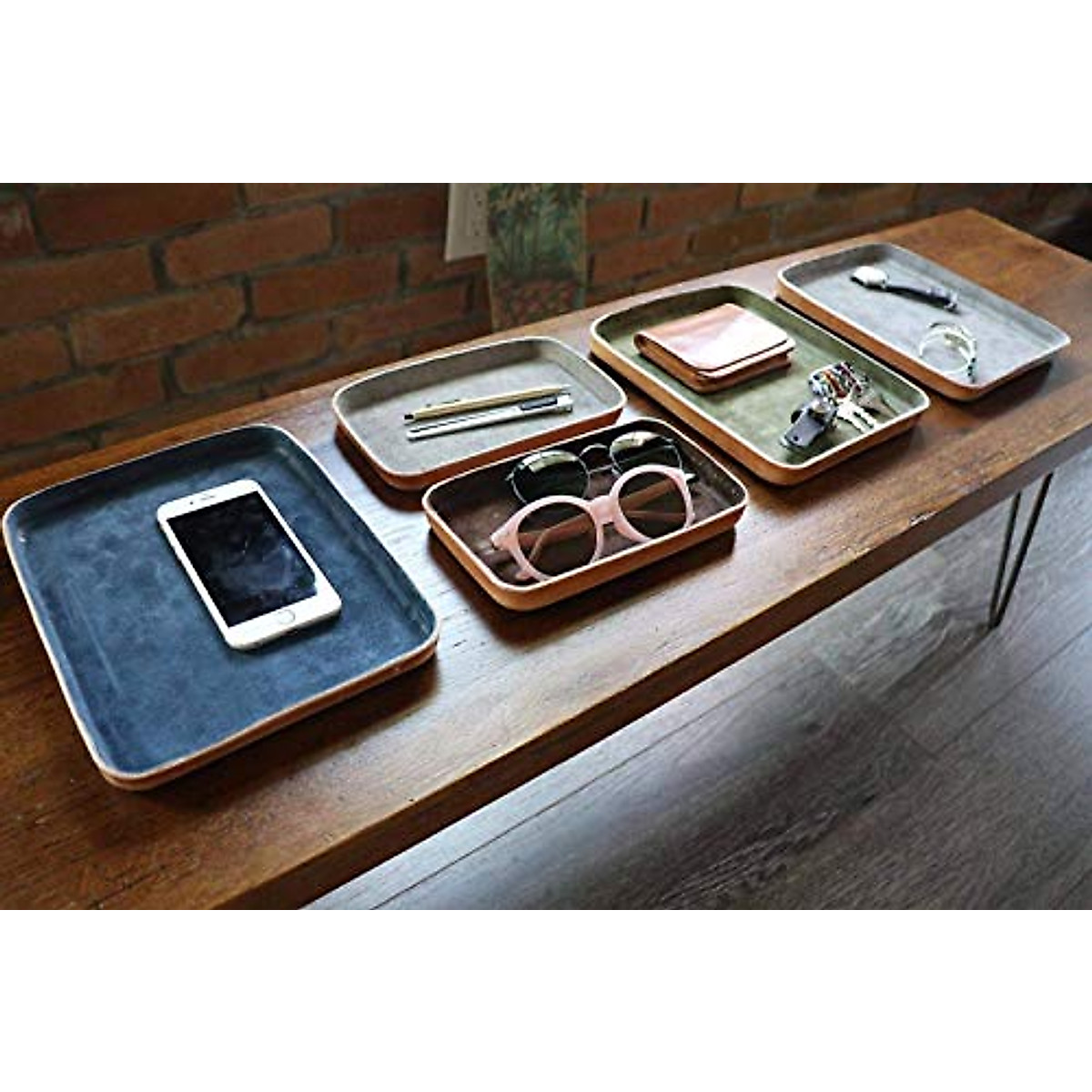 Molded Leather Valet Tray Large. Olive suede interior. Organizing accessories to store lifestyle Essentials. Home Decor