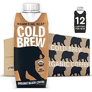 Wandering Bear Straight Black Organic Cold Brew Coffee On-the-Go, Iced Coffee, 11 fl oz, 12 pack - Extra Strong, Smooth, Unsweetened, Shelf-Stable, Ready to Drink