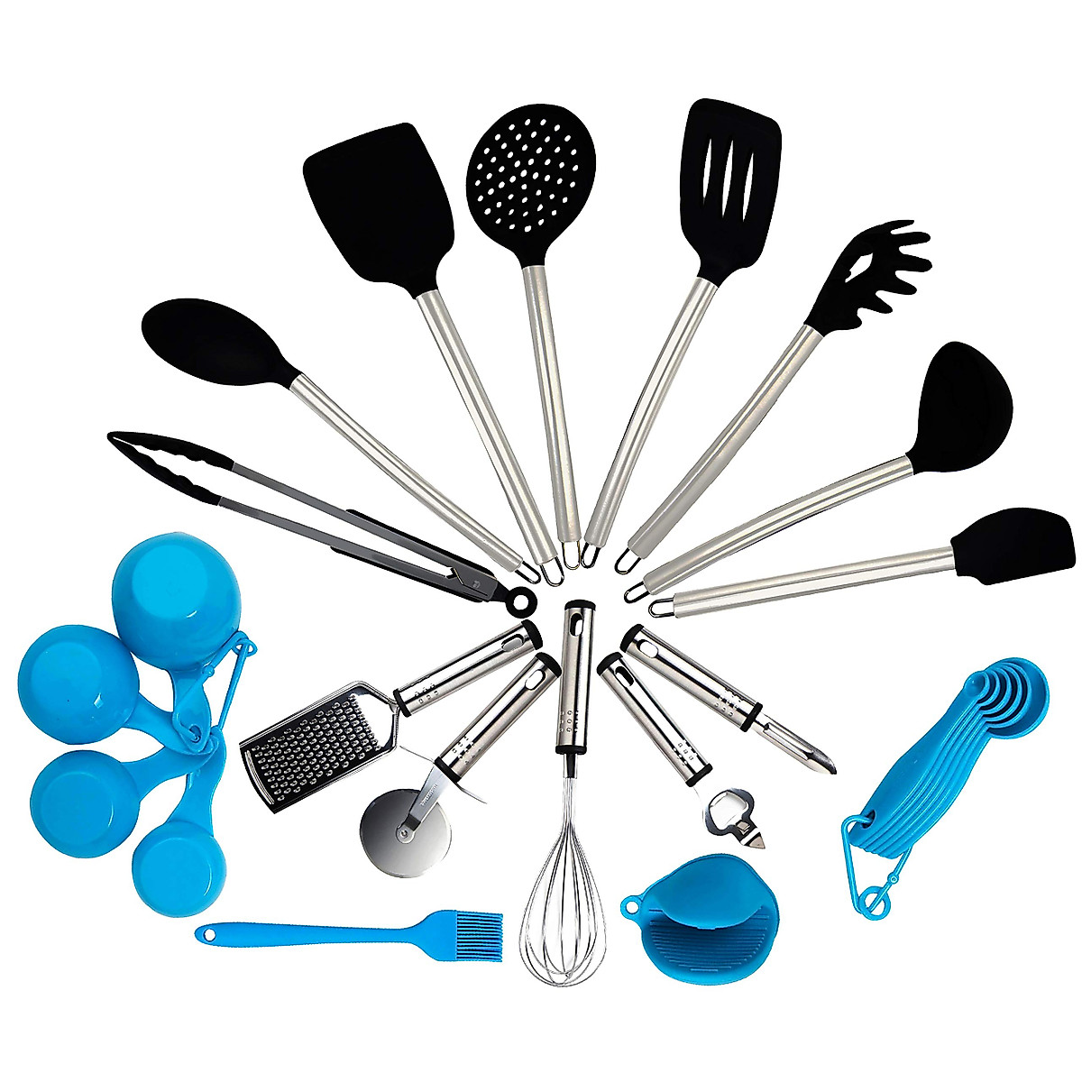 Kitchen Cooking Utensils Set Silicone with Stainless Steel handle Includes Cooking Spoon Spatula Tong Turner Whisk Ladle For Nonstick Cookware Dishwasher Safe BPA-Free