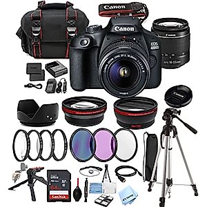 EOS 4000d (Rebel T100) DSLR Camera w/EF-S 18-55mm Zoom Lens + Al’s Variety Accessories Includes: 64GB Memory + Wide & Telephoto Threaded Lenses + Case + Tripod + Grip Pod + More (37pc Bundle)