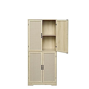 wirrytor 71" Rattan Storage Cabinet with 4 Doors, Tall Accent Kitchen Pantry Cabinet, Freestanding Rattan Cabinet for Dining Room, Living Room, Kitchen, Bedroom, Natural