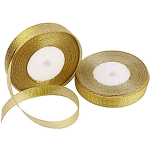 2 Rolls 50 yards Metallic Gold Glitter Ribbons, 5/8 Inch Sparkly Fabric Width Ribbon for Gift Wrapping, crafts, Holiday Wedding Birthday Party Decoration Floral DIY work, (25yards gold ribbon, 2 pack)