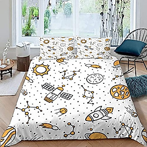 Quilt Cover Full Size Rocket, Astronaut 3D Bedding Sets Cartoon Space Duvet Cover Breathable Hypoallergenic Stain Wrinkle Resistant Microfiber with Zipper Closure,beding Set with 2 Pillowcase