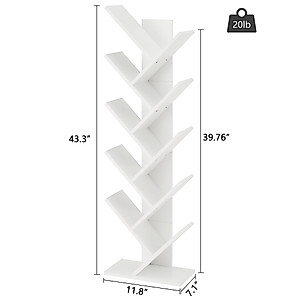Hoctieon 10 Tier Tree Bookshelf, 10 Shelf Bookcase, Free Standing Tree Bookcase, Display Floor Standing Shelf for Books, Book Shelf Organizer, White