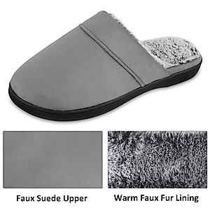 DL Memory Foam Slippers with Fuzzy Plush Lining, Slip-On House Slippers for Men & Women, Anti-Skid Rubber Sole, Indoor/Outdoor, Grey, 9-10