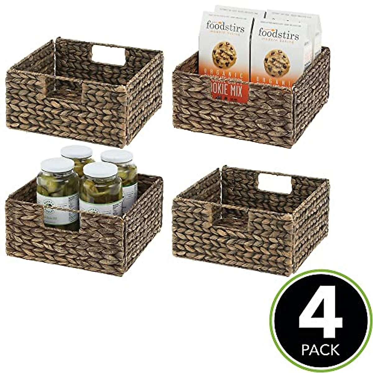 mDesign Woven Hyacinth Storage Bin Basket Organizer with Handles for Organizing Kitchen Pantry, Cabinet, Cupboard, Shelves - Holds Food, Drinks, Snacks - 4 Pack - Brown Wash