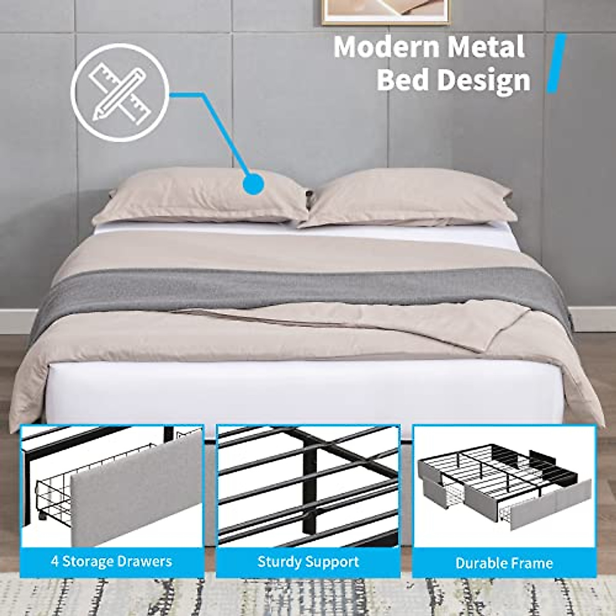 Mjkone California King Size Bed Frame with 4 Storage Drawers,Upholstered Platform Metal Bed with Premium Linen Fabric,Cal King Bed Base Frame with Metal Support,Easy Assembly/Space Saving-Light Grey