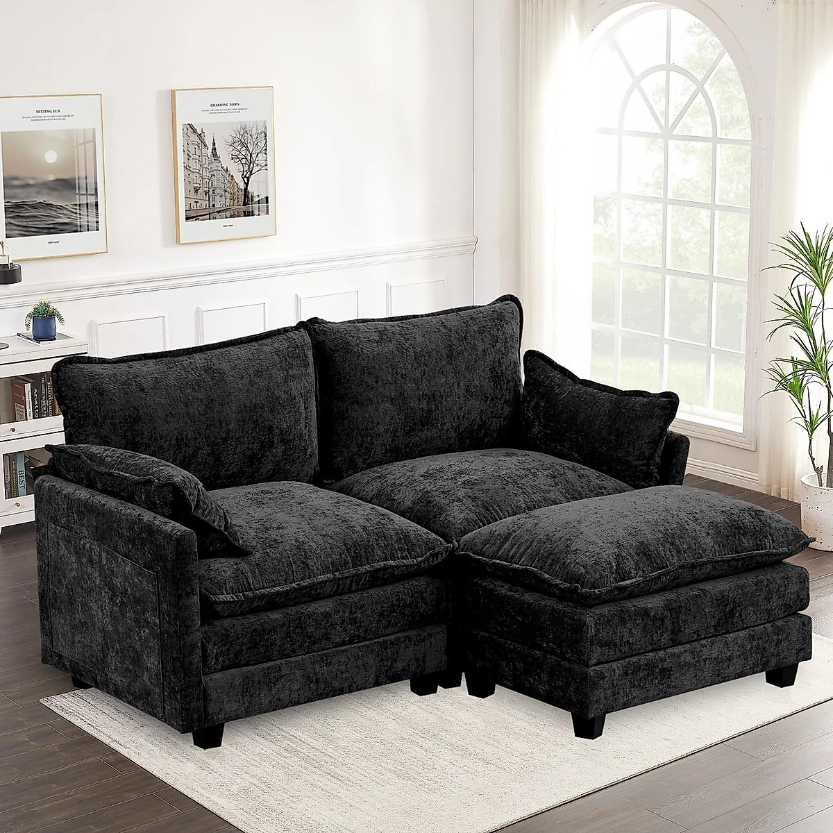 77.6" Sectional Sofa Cloud Couch with Ottoman, Comfy Deep Seat Sofa L Shaped Couch Modern Chenille Sofa Sleeper 2-Seat Loveseat Sectional Sofa Couch for Living Room Apartment, Black Sofa Couch