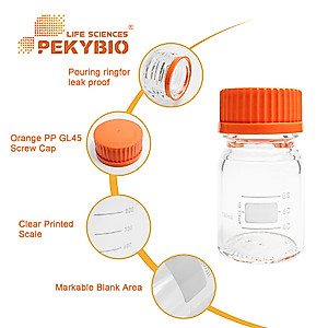 PEKYBIO Glass Media Bottle 100ml Round Storage Bottles 3.3 Borosilicate Glass Regent Bottles with PP GL45 Screw Cap (Pack of 6)