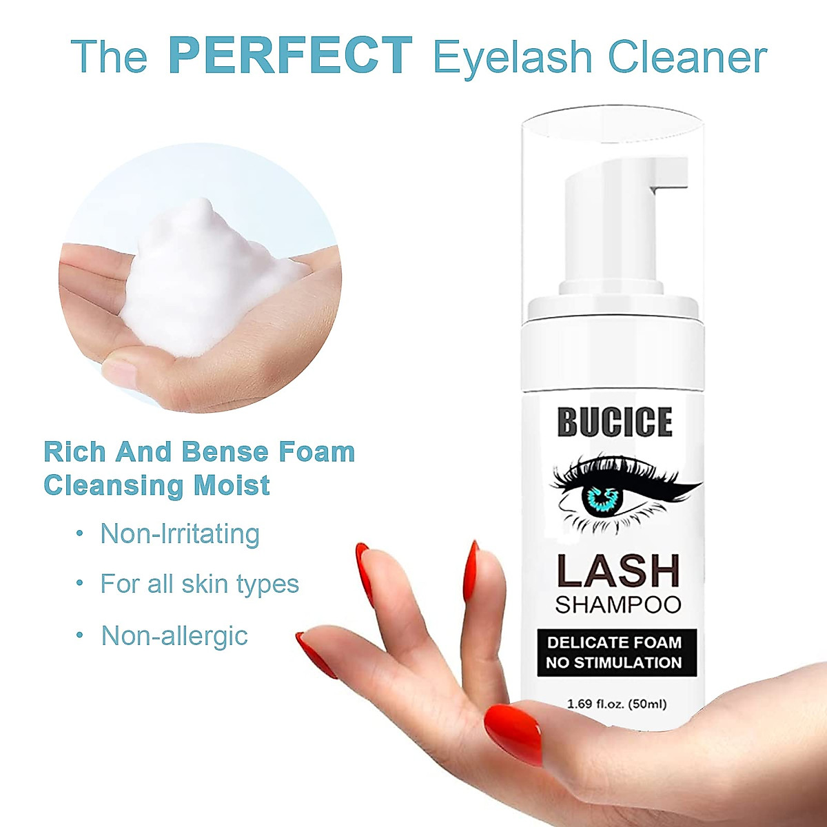 BUCICE Eyelash Extension Kit, 50ml Lash Shampoo Lash Mousse for Eyelash Extensions Cleanser, Lash Fan USB Handheld Air Conditioning Blower Fan, with Mascara Brushes Nose Brushes and Wash Bottle Set