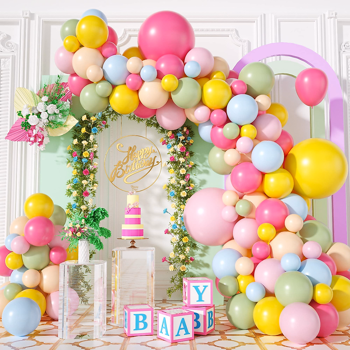 Pastel Balloon Arch Kit, Macaron Balloon Garland Kit with Sage Green Pink Blue Yellow Orange Hot Pink DIY Latex Balloon Garland Arch Kit for Birthday Party Baby Shower Wedding Bridal Decorations