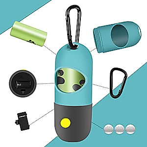 Dog Poop Bag Holder Built-in LED Flashlight with 9 Rolls Leak-proof Doggie Bags for Poop, Dog Poop Bag Dispenser for Leash with Carabiner Clip, Blue