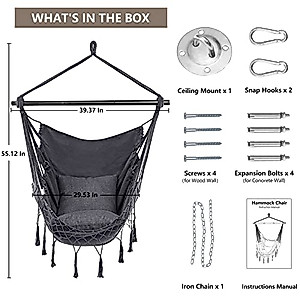 HBlife Hammock Chair, Max 330 Lbs, 2 Pillows Included, Dark Gray Hanging Chair with Pocket and Macrame, Swing Rope Chair for Bedroom, Backyard and Deck