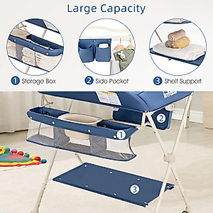 INFANS Portable Baby Changing Table, Folding Diaper Dresser Station with Wheels, Adjustable Height, Safety Belt, Drying and Storage Rack, Mobile Nursery Organizer Stand for Newborn Infant (Gray)