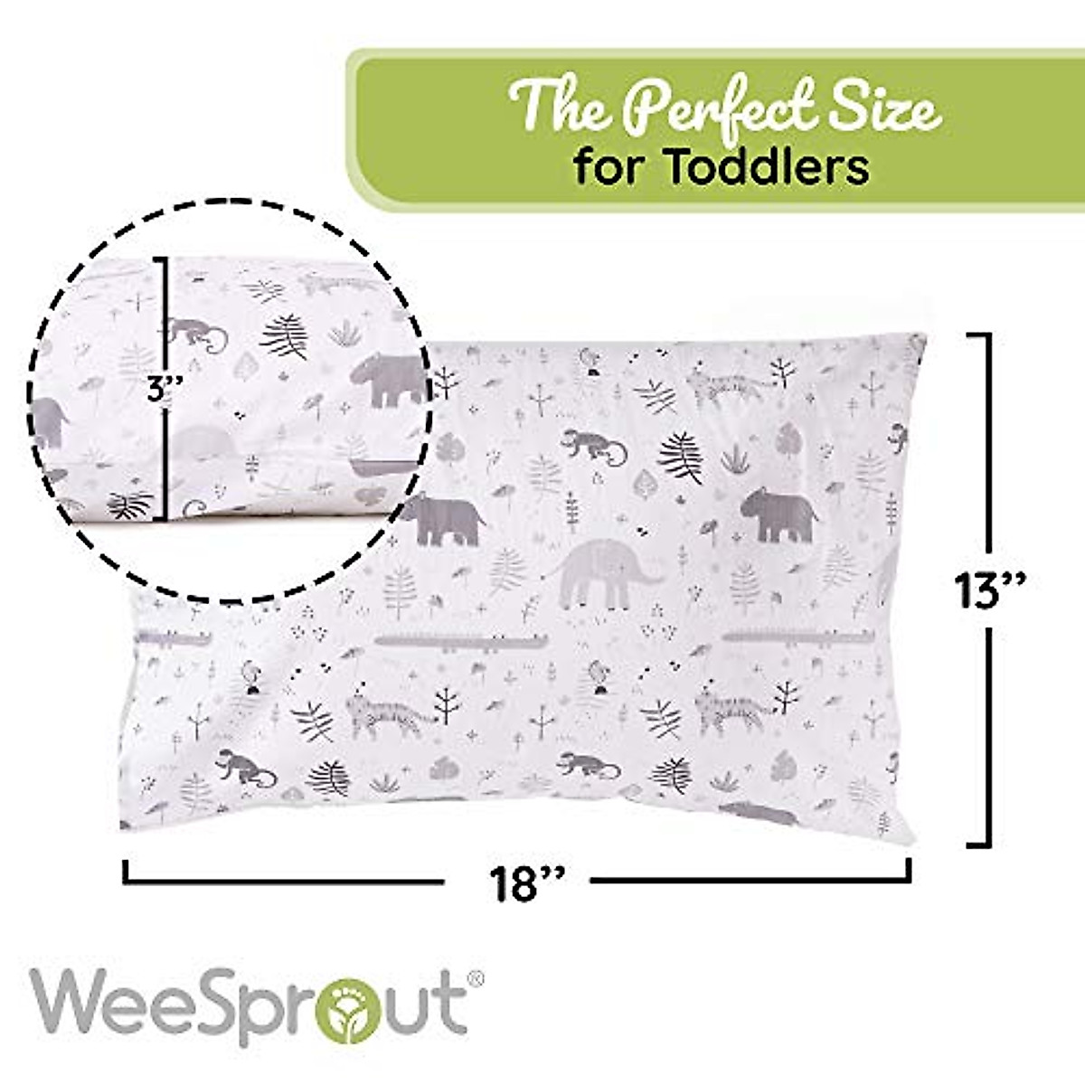 WeeSprout Mini Toddler Pillow for Kids Sleeping - Organic Cotton Shell & Pillowcase with Soft & Supportive Polyfiber Filling – Good for Travel, Machine Washable, 18 x 13 x 3, Safari