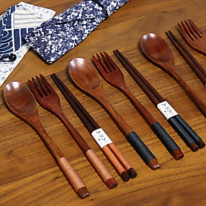 Wooden Chopsticks Spoon Fork Set Japanese Style Tableware Travel Utensils with Pouch for Camping,Picnic,Office or Home (Style A)