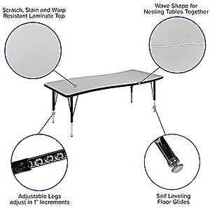Flash Furniture 3 Piece 86" Oval Wave Collaborative Grey Thermal Laminate Activity Table Set - Height Adjustable Short Legs
