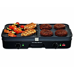 Hamilton Beach 3-in-1 Electric Indoor Grill + Griddle, 8-Serving, Reversible Nonstick Plates, 2 Cooking Zones with Adjustable Temperature (38546), Black