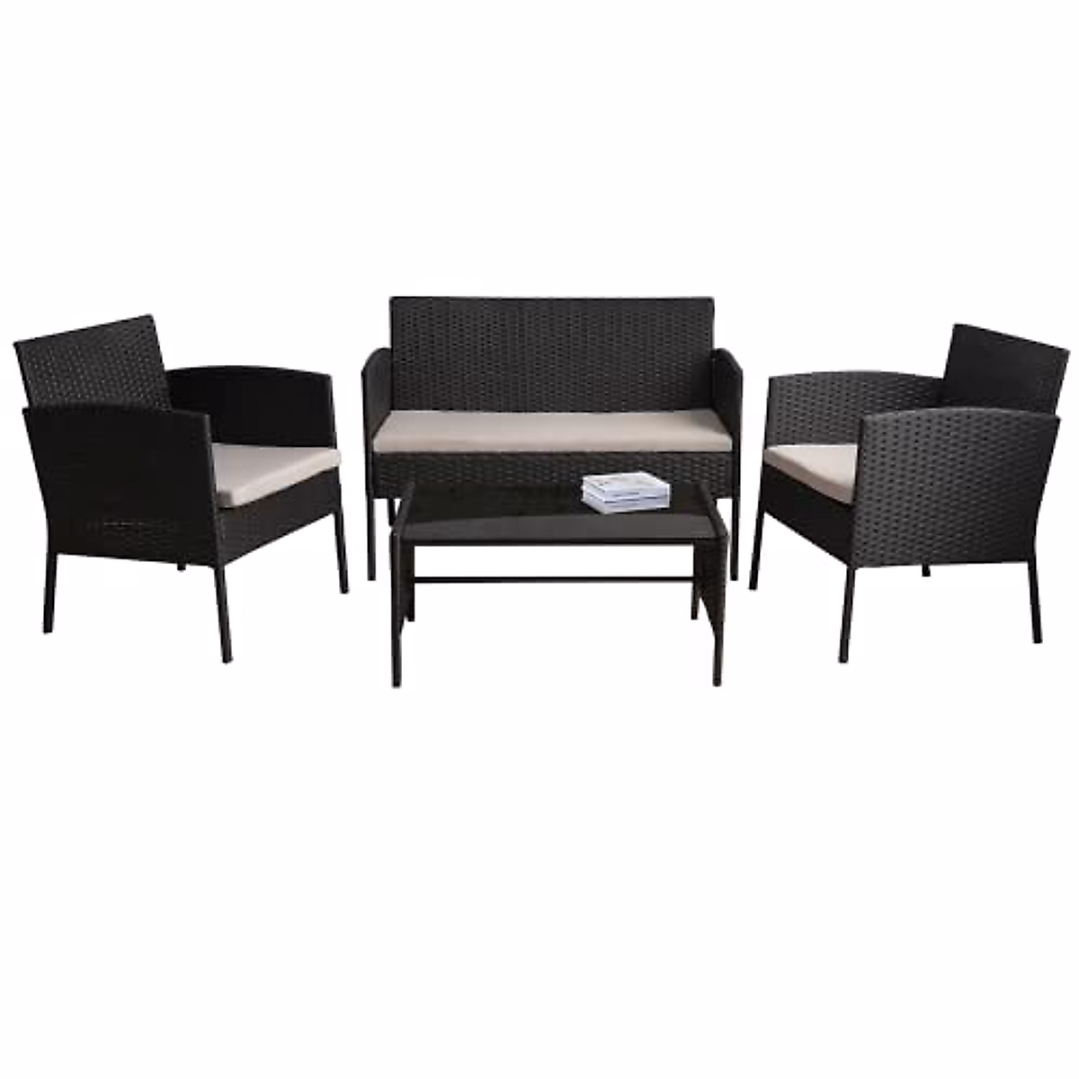 GURLLEU Rattan Sofa Furniture Set, Outdoor Patio Conversation Chair, Loveseat and Tempered Glass Coffee Table, Loveseat for Garden Lawn (Black and White Cushions) (Set 4 Pieces)
