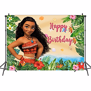 Cartoon Moana Backdrop Maui Summer Beach Princess Girl Birthday Photography Background Baby Shower Party Banner Cake Table Decoration Backdrop 5x3FT