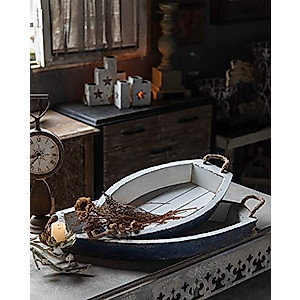 Distressed White Nesting Wood Serving Tray for Eating with Rope Handles,Set of 2 Farmhouse Handwork Boat Shaped Large Decoration Serving Trays for Party Kitchen Counter, Dining Room Coffee Table
