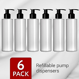 IMPRESA 6 Pack 8 Oz Plastic Pump Dispenser Bottles for Lotion, Massage Oil, Shampoo and More! - Refillable, BPA Free Clear/Frosted Empty 8oz Containers - Fit Into Holsters, Bulk