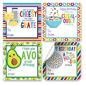 Happy Birthday Food & Animal Themed Gift Tag Stickers, Set of 24 2.5 X 2.5 Mixed Square Birthday Gift Labels by Amanda Creation