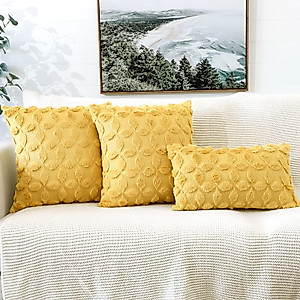 OTOSTAR Set of 2 Soft Plush Short Wool Velvet Decorative Throw Pillow Covers with 3D Flower Pattern Cushion Covers - Couch Sofa Pillow Covers for Living Room - Yellow 18x18 Inch