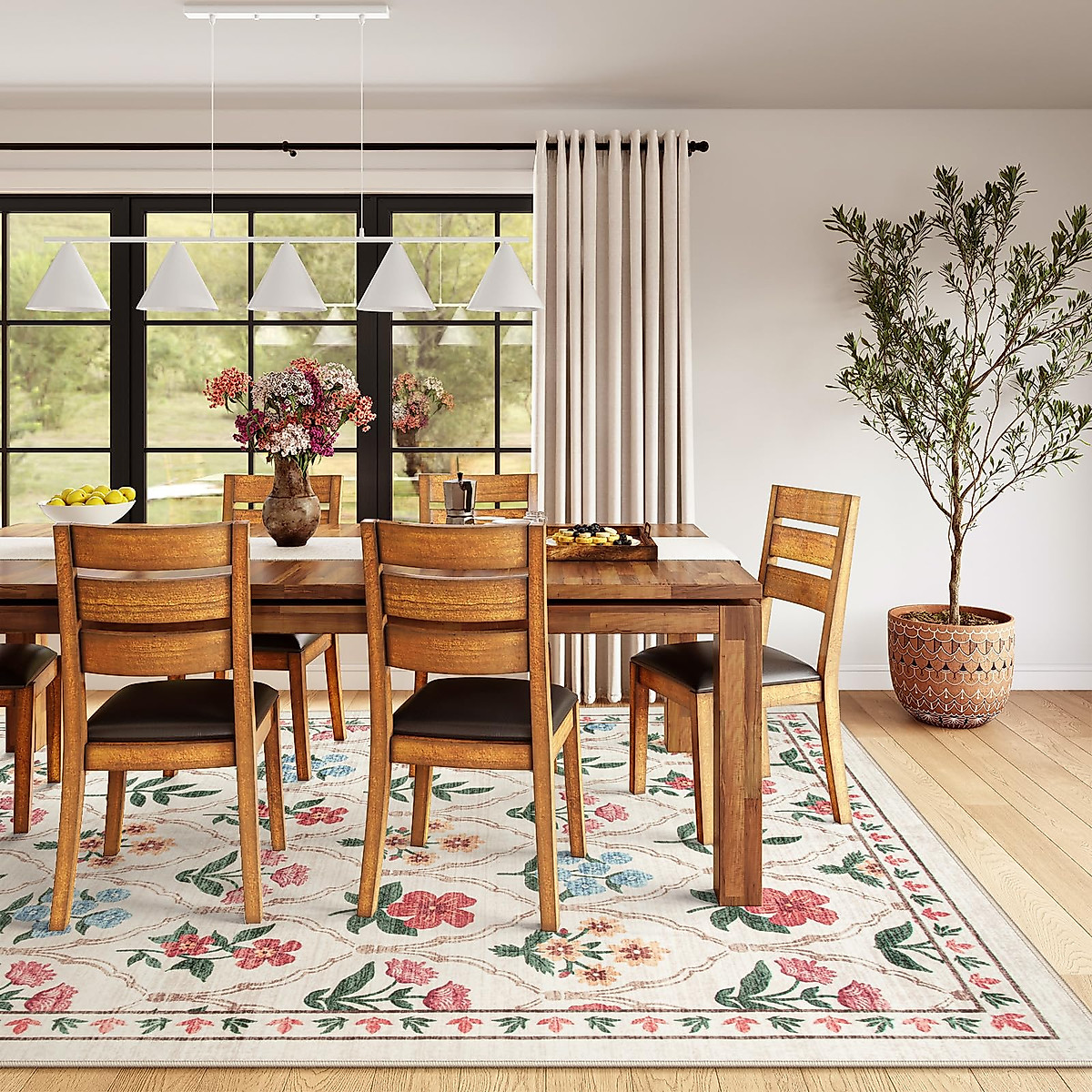 LIVEBOX Beige Living Room Rug 8x10, Soft Ultra-Thin Retro Rugs for LivingRoom, Thin Non-Slip Cream Rug for Bedroom, Low-Pile Floral Boho Rug for Dining Room(8 x 10ft, Beige/Multi)