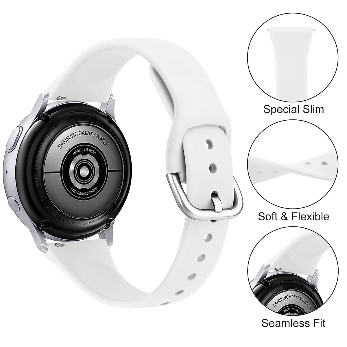 Vancle 3 Pack Slim Bands for Samsung Galaxy Active 2 Watch Bands 40mm 44mm Women Men, 20mm Soft Silicone Sport Strap Replacement Wristbands for Samsung Galaxy Active/Active 2 (Black/Gray/White)