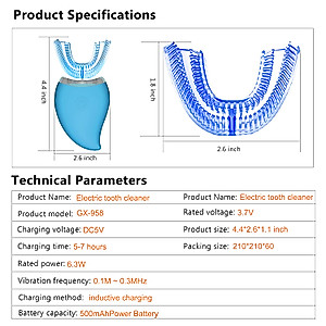 BESUNTEK 360°Ultrasonic Electric Toothbrush Sonic Toothbrush for Adults,Waterproof Washable and Reusable Sonic Automatic Toothbrush with U-Shaped Silicone Toothbrush Head (Blue)