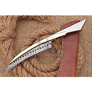 HUNTEX Custom Handmade Hand-Forged Rain Drop Pattern Damascus Steel 11 Inch Long Full Tang Steel-Brass Handle Razor Sharp Hunting Camping Hawkbill Knife w/Genuine Leather Pouch