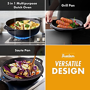 Bruntmor 2-in-1 Pre-Seasoned Cast Iron Dutch Oven with dual handles, Cocotte Double Braiser Pan with Grill Lid 3.3 Quarts - BBQ Grill, Fryer - Outdoor Cookware Set with Dual Handles, Camping,- Black