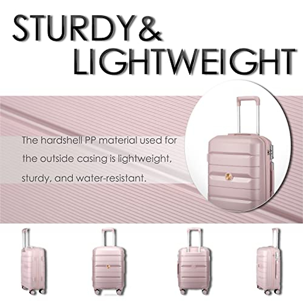 Somago 4 Pieces Luggage Set(14/20/24/28) PP Lightweight 4 Double Rolling Wheels Suitcase With TSA Lock & YKK Zipper Bussiness Trip (Rose Pink)