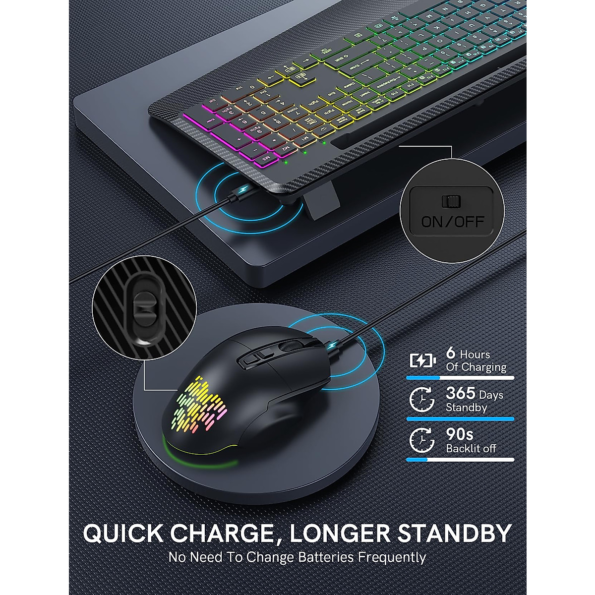 Wireless Keyboard and Mouse with 9 Colored Backlit, Wrist Rest, Jiggler Mouse, Rechargeable Silent Ergonomic Light Up Keyboard Mouse Combo with Phone Holder for Windows, Mac, PC, Laptop