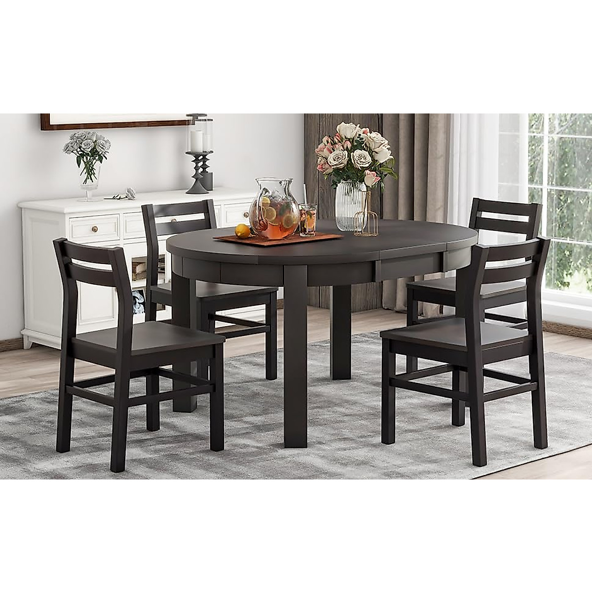 MengK Farmhouse 5-Piece Extendable Round Dining Table Set with Storage Drawers and 4 Dining Chairs,16" Removable Leaf, Espresso