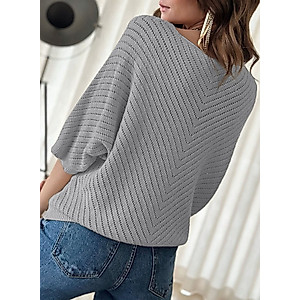 Dokotoo Womens Ladies Summer Fall V Neck 3/4 Short Sleeve Loose Pullover Knit Sweater Tunic Tops and Blouses Solid Color Casual T-Shirts Work Business Loose Shirts Grey Small